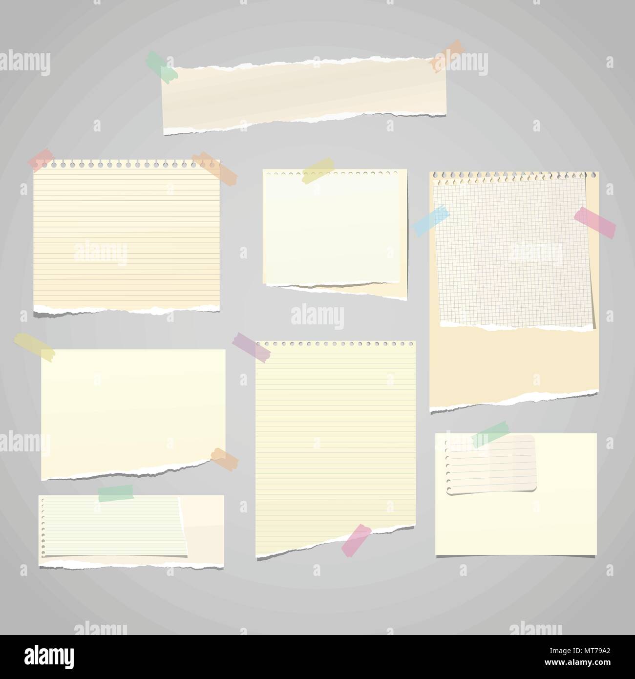 Yellow torn note, notebook paper pieces for text stuck with sticky tape ...