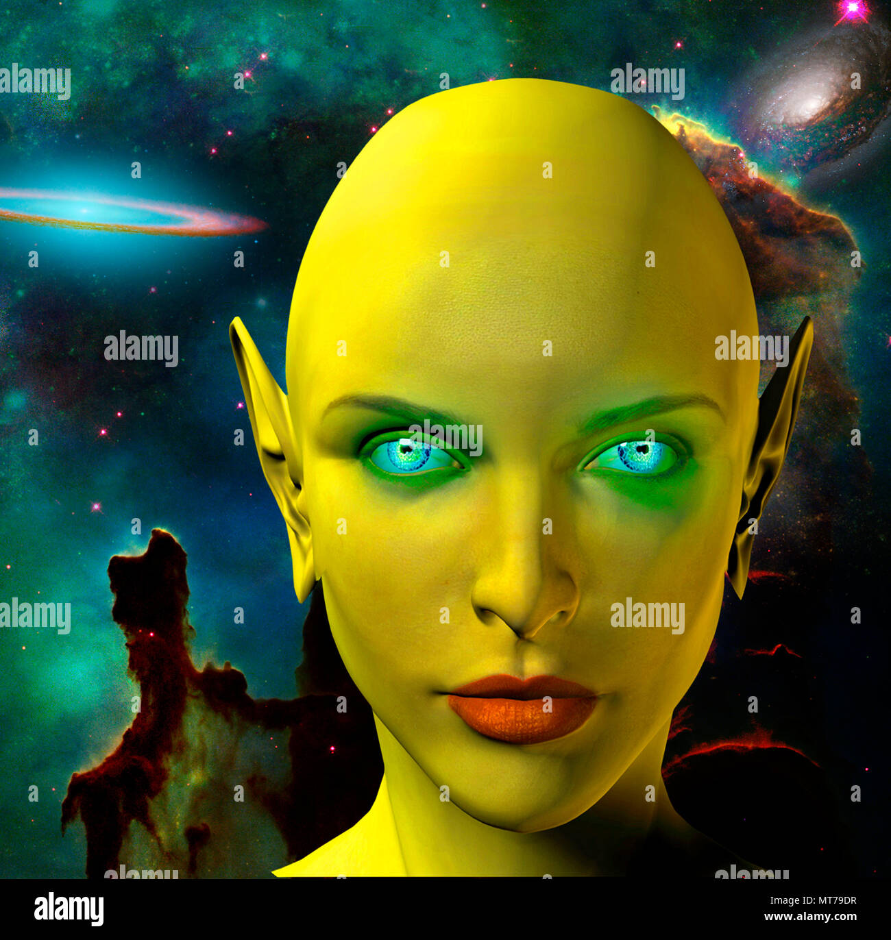The face of female alien. Colorful universe on a background Stock Photo ...
