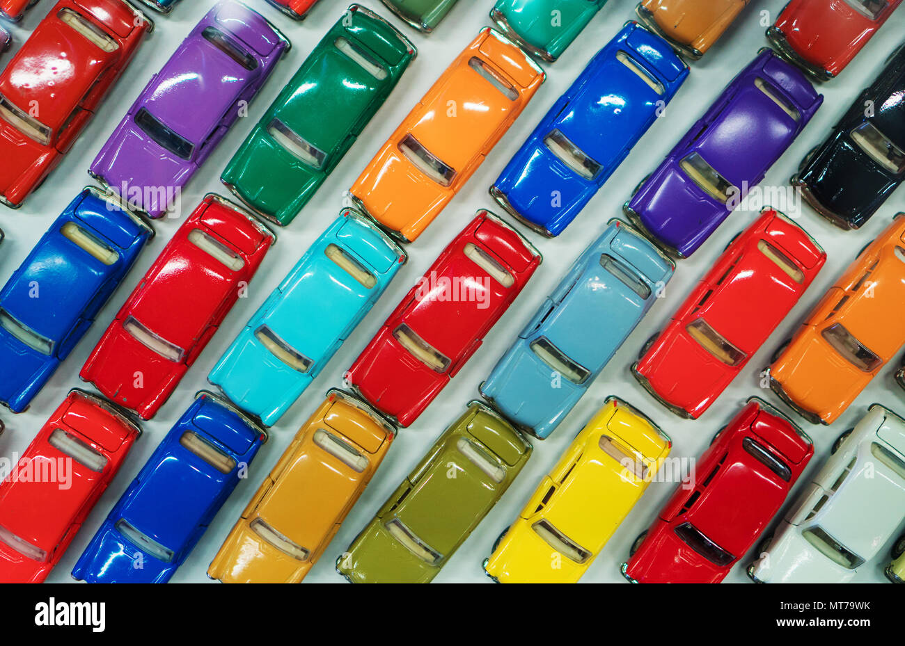 Collection of colorful toy car models on exhibition Stock Photo - Alamy