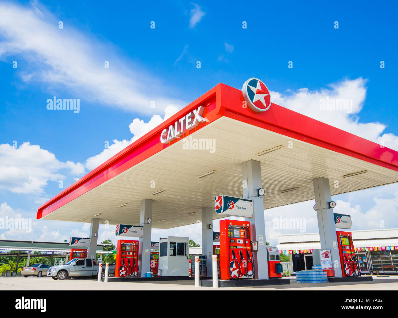 Trang, Thailand - September 2, 2017: Caltex gas station blue sky ...