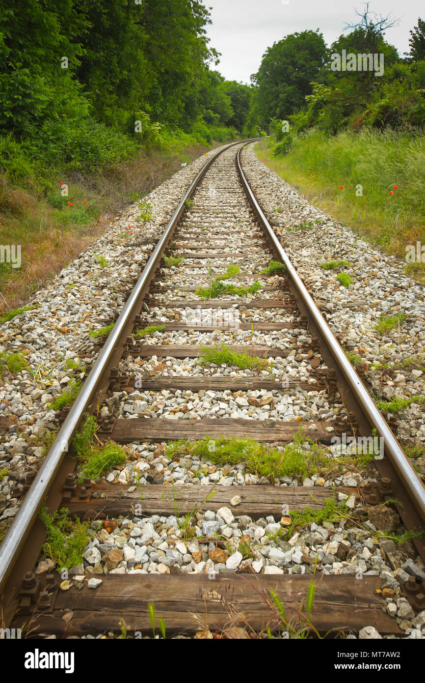 A view of the train rails in the countryside Stock Photo - Alamy
