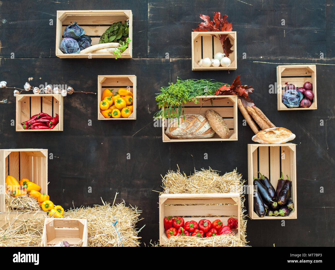 Vegetables and bread in wooden boxes. Autumn composition. Farm Products ...