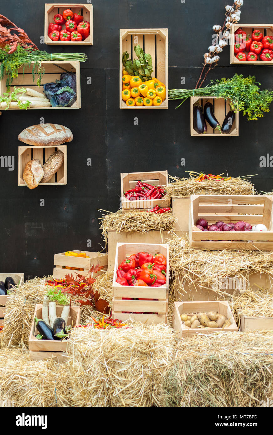 Vegetables and bread in wooden boxes. Autumn composition. Farm Products ...