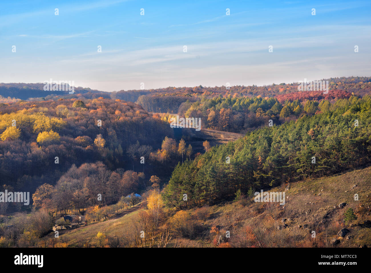 View on the beautiful colorful autumn landscape of the hills and ...