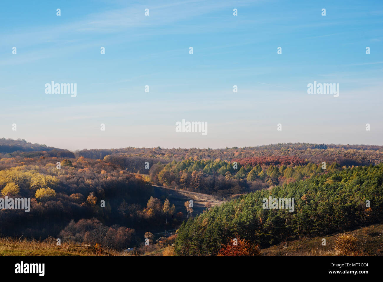 View on the beautiful colorful autumn landscape of the hills and ...