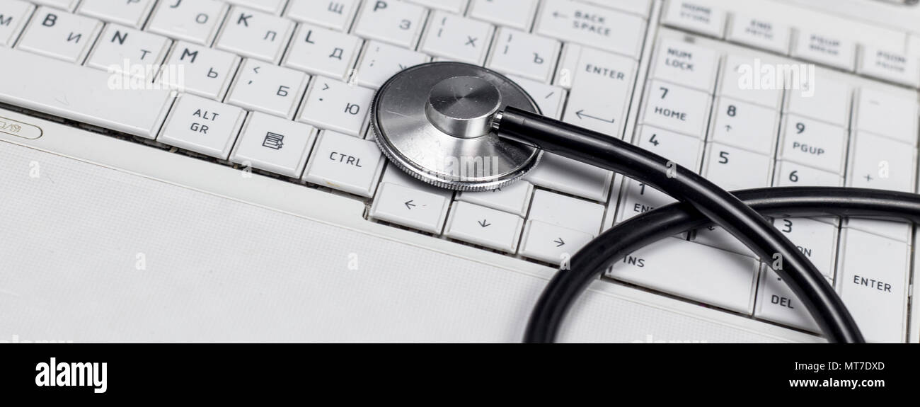 Stethoscope with record information paper and Laptop Stock Photo - Alamy
