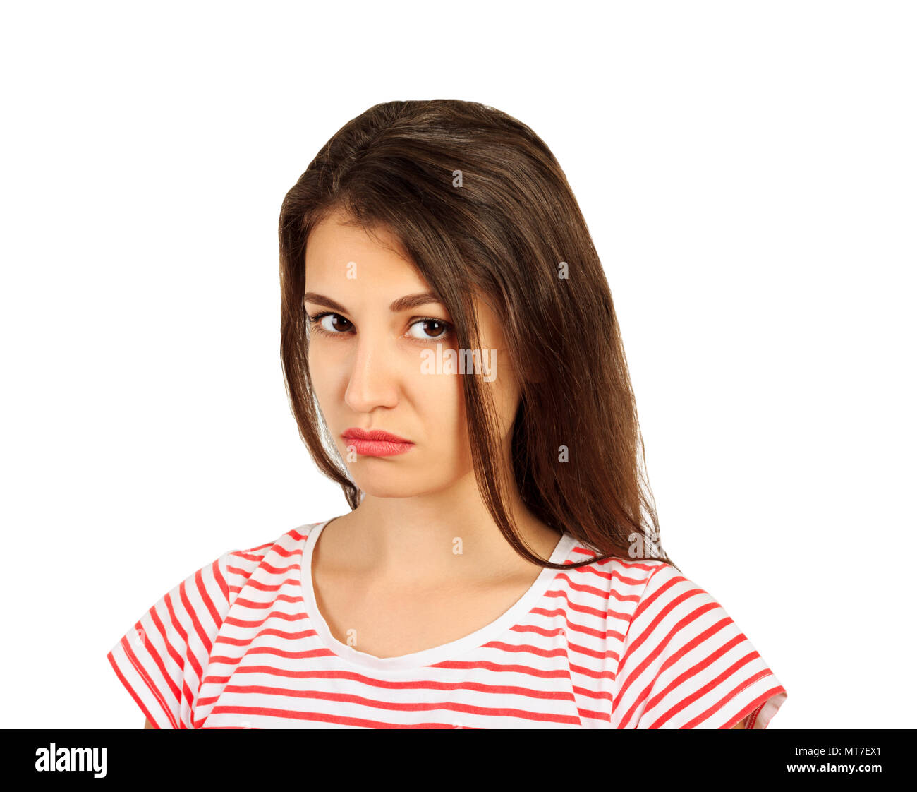 portrait of girl frown her face in displeasure. emotional girl isolated ...