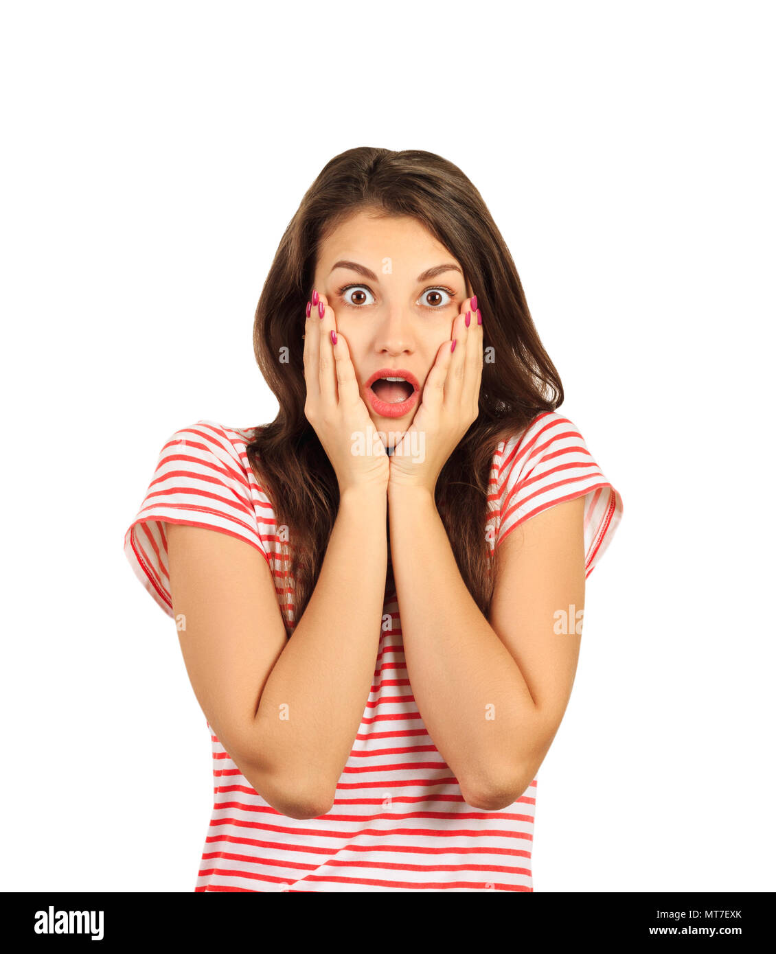 Close-up portrait of surprised beautiful girl holding her head in ...