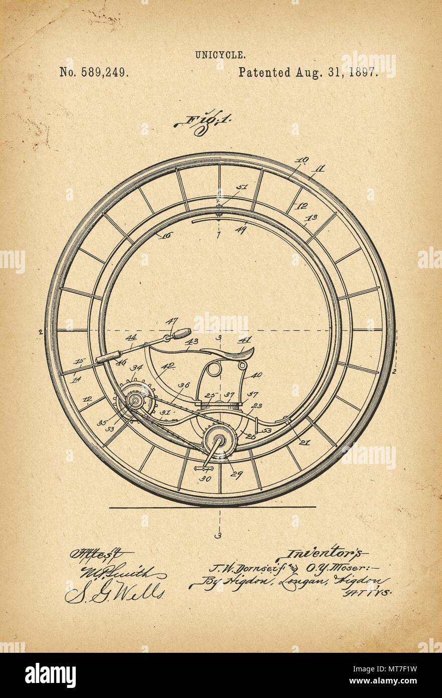 1897 Patent Velocipede Unicycle Bicycle archive history invention Stock ...