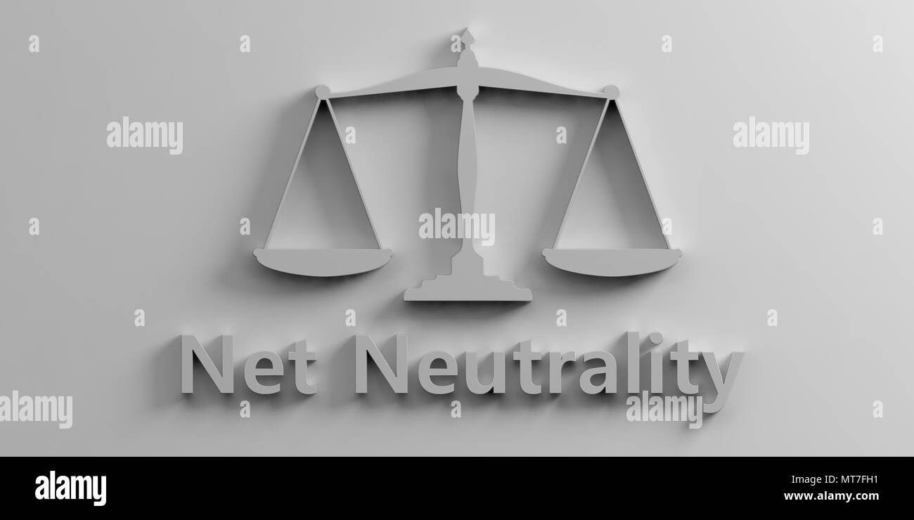 Net neutrality text and flat law scales balance on grey background. 3d ...