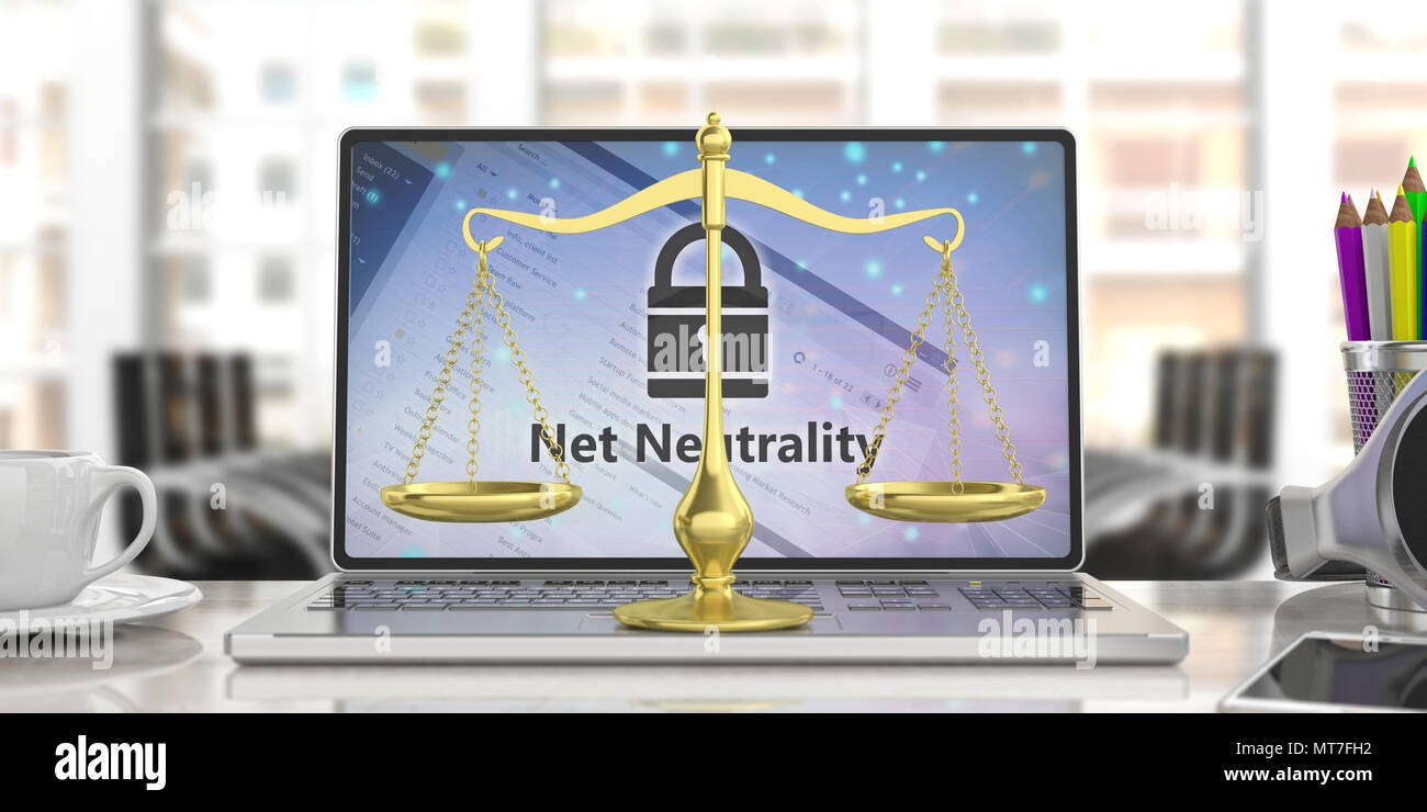 Net neutrality text on a computer screen and a golden law scales ...