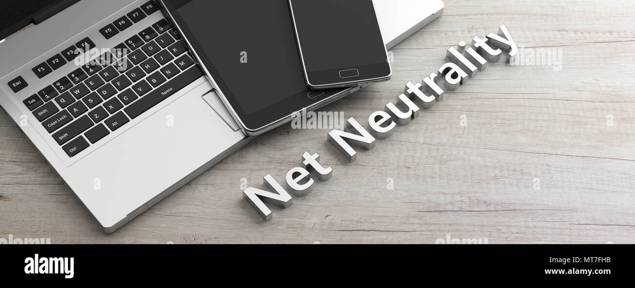 Net neutrality. Mobile phone and tablet and a computer laptop on wooden ...
