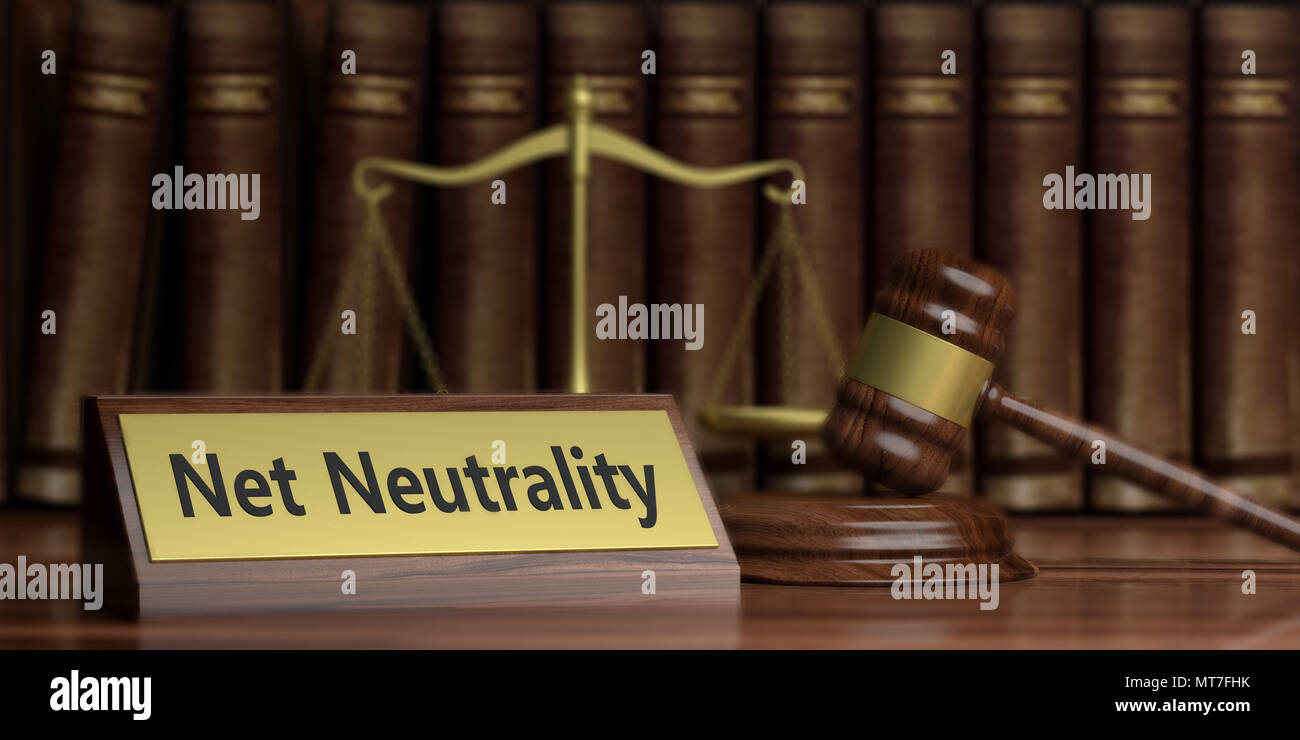 Net neutrality text on wooden desk, judge gavel and law scales ...