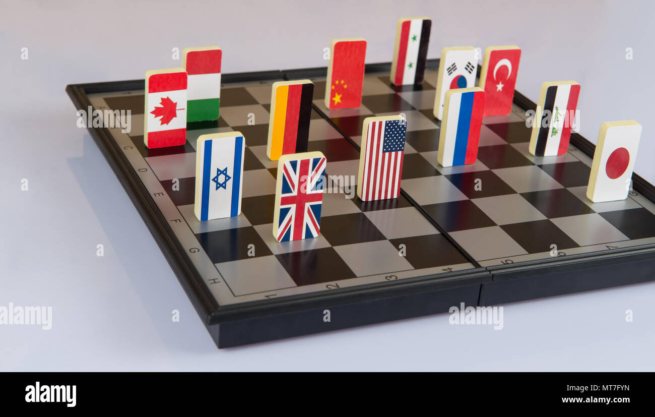 Symbols of the countries on the chess Board. Conceptual photo ...
