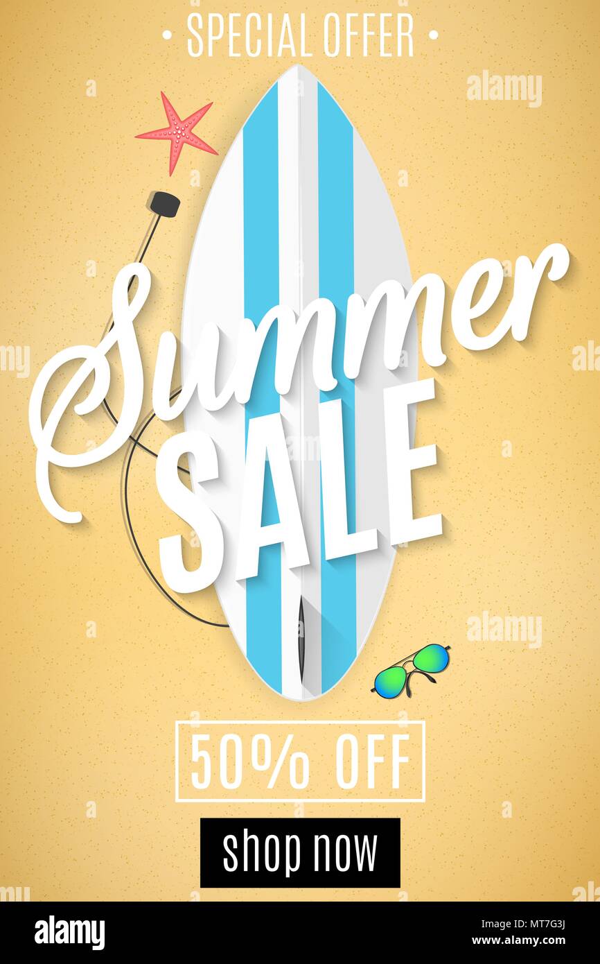 Summer sale flyer. Surfboard on the beach. Sand beach. For your ...
