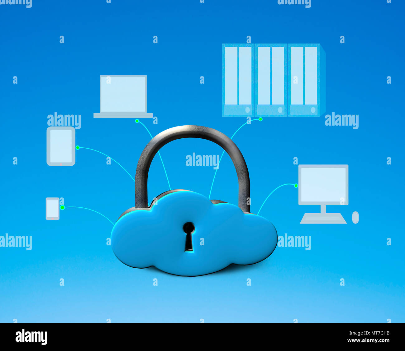 Cloud shape lock with computing devices blue background Stock Photo - Alamy