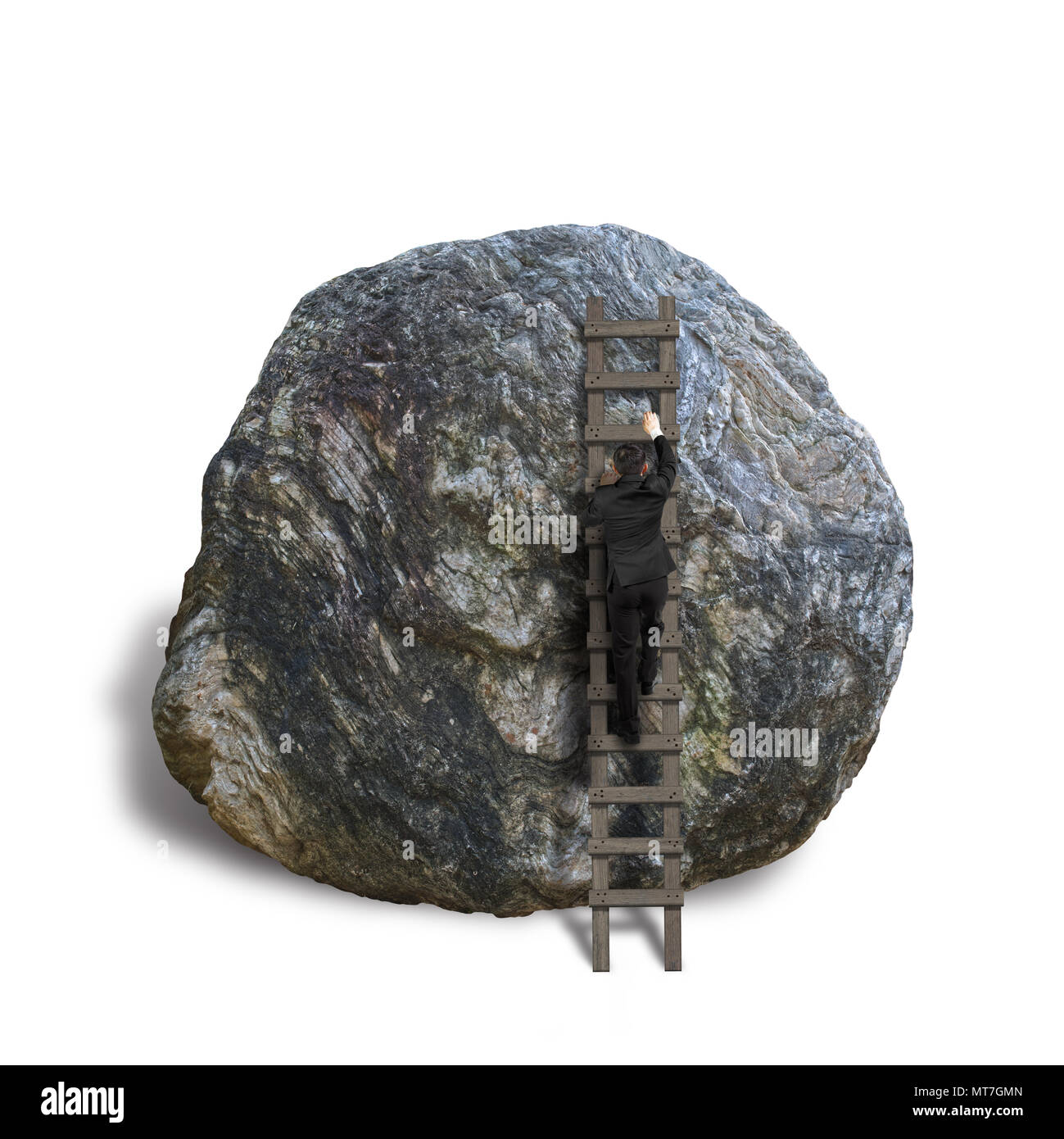 Businessman climbing on wooden ladder to top of rock isolated in white ...