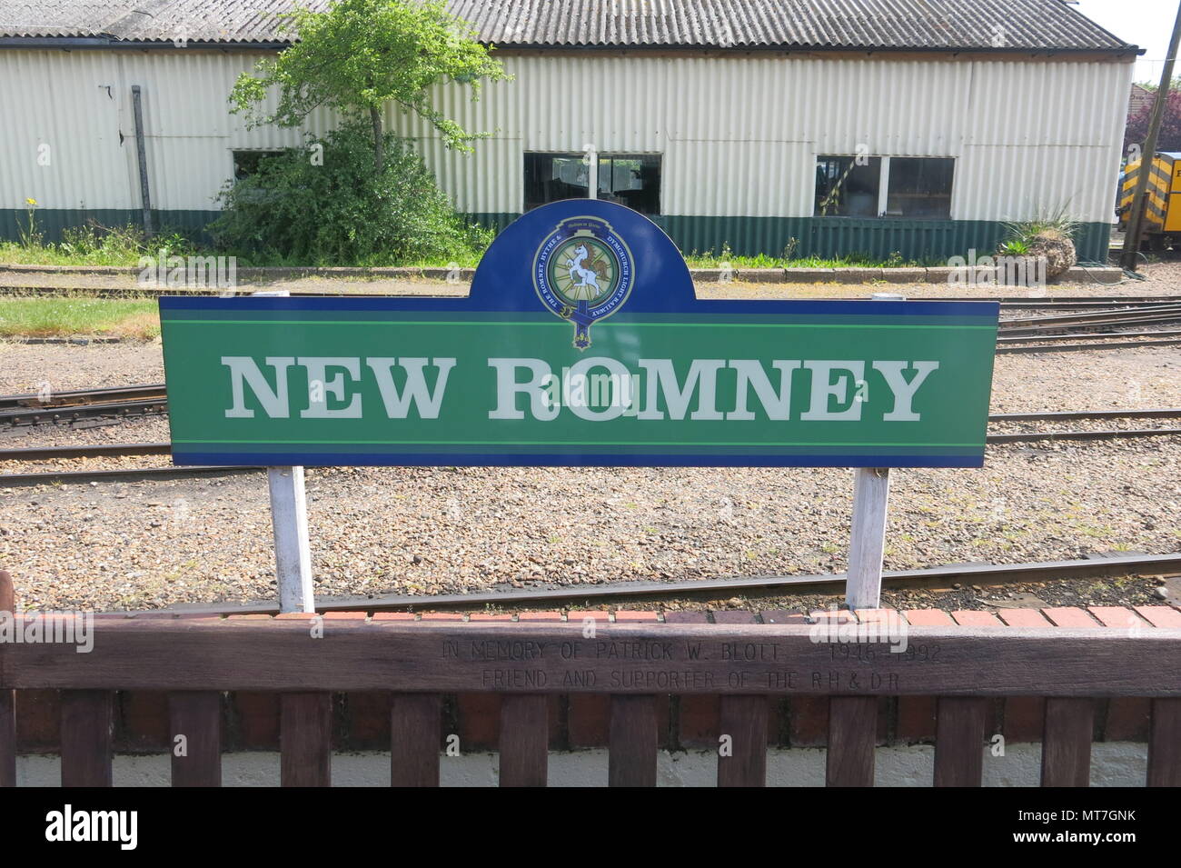 Signage on the station platform for arrival at New Romney on the Romney ...