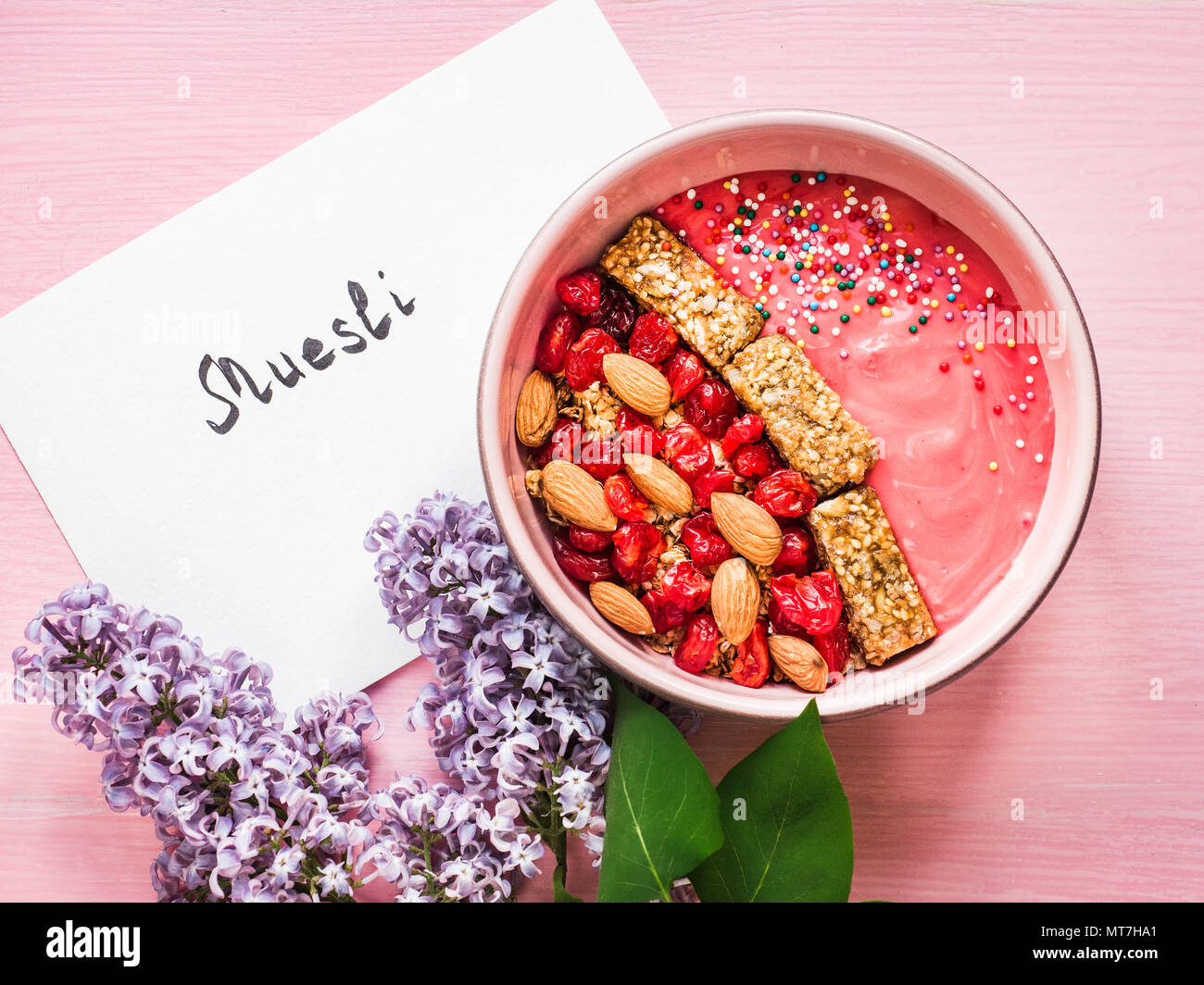 Berry smoothie and muesli with nuts Stock Photo - Alamy