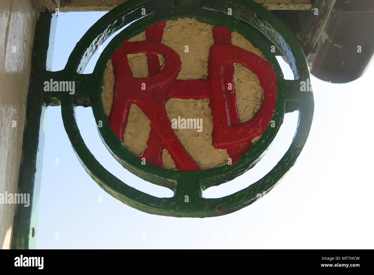 Close-up of the circular RHD logo on the signal box at New Romney ...