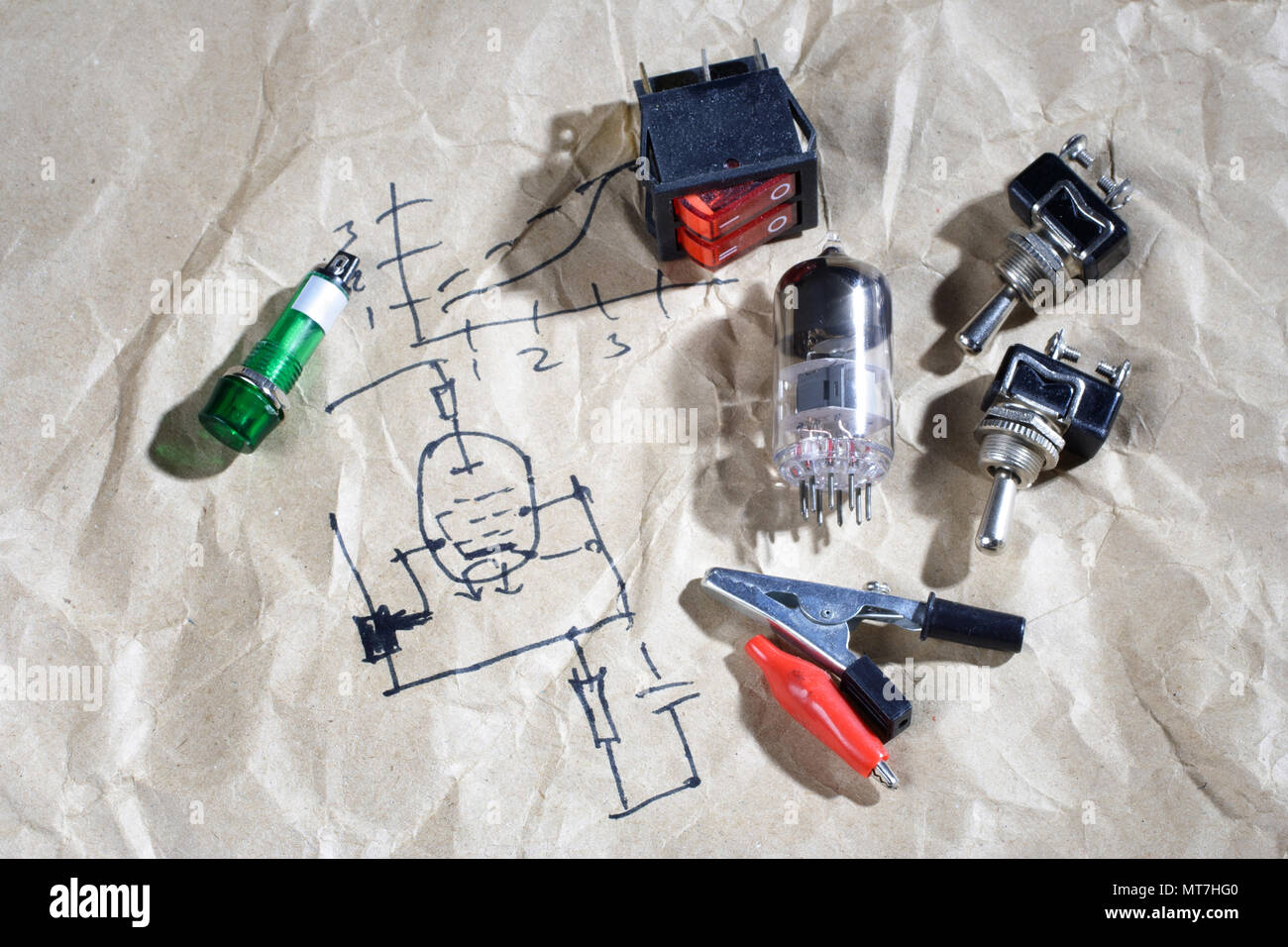 Do it yourself - old retro radio electronic parts vintage background ...