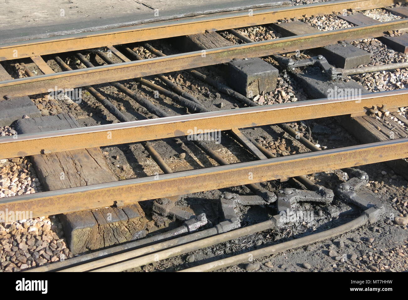 A close-up of the tracks at New Romney station on the Romney, Hythe ...
