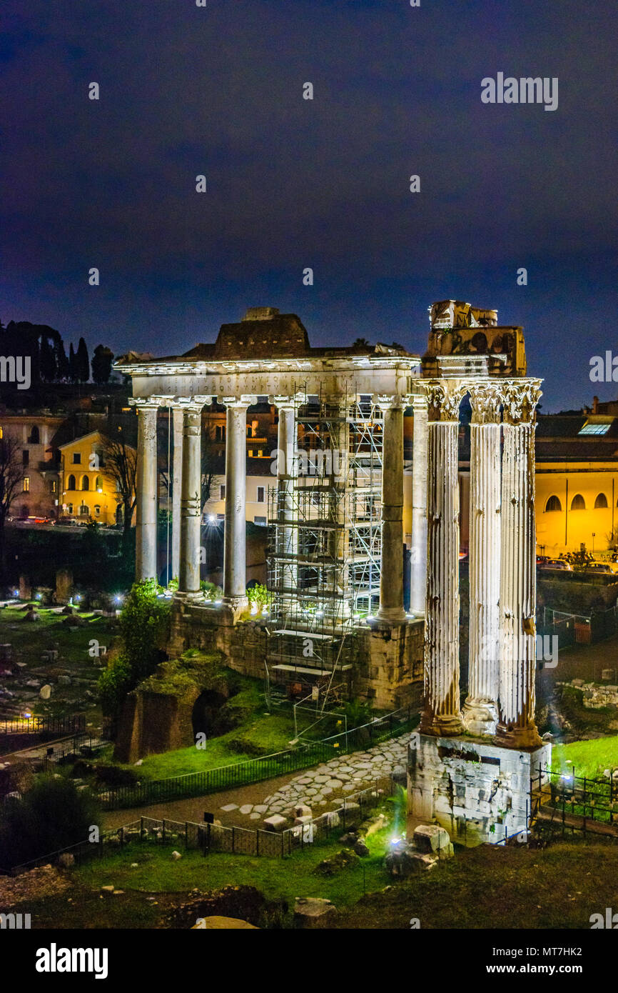Night scene of roman forum buildings in Rome city, Italy Stock Photo ...