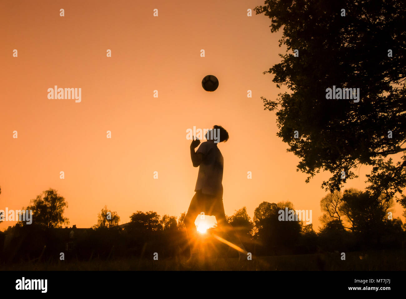 A boy playing football as the sun goes down on a summer's evening Stock ...
