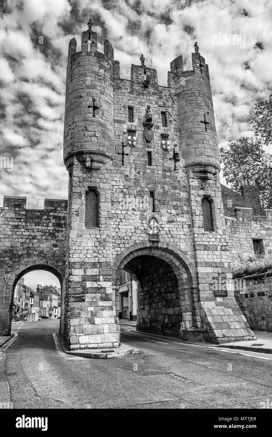 Street scene at the Micklegate Bar Tower, one of the existing defensive ...
