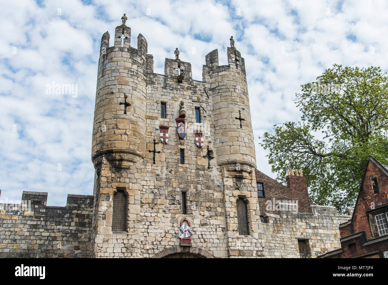 Street scene at the Micklegate Bar Tower, one of the existing defensive ...