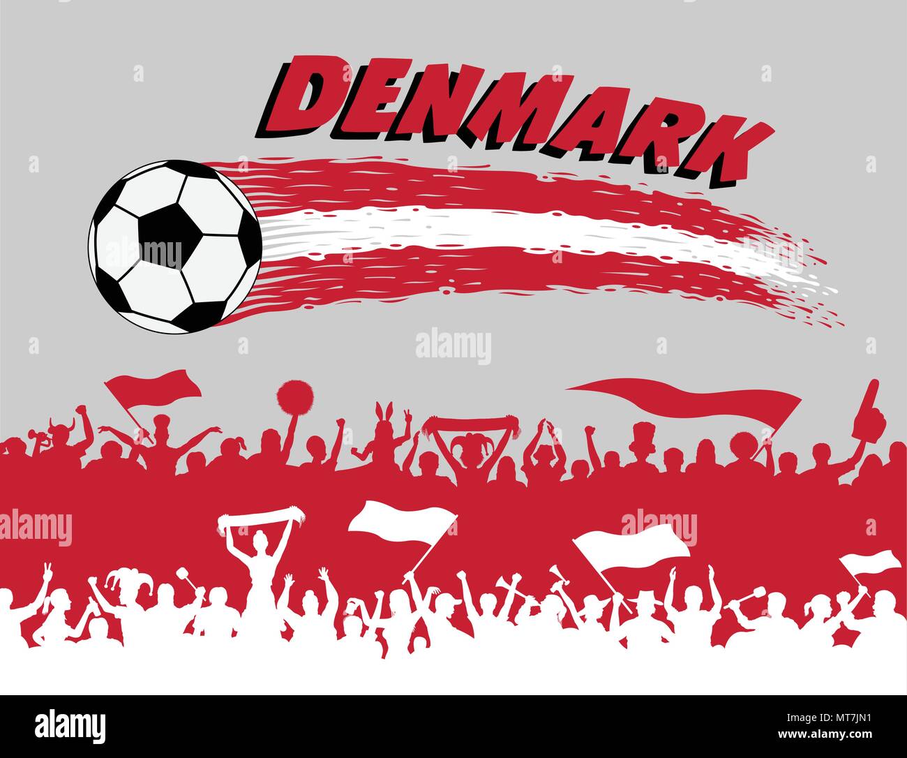 Denmark flag colors with soccer ball and Danish supporters silhouettes ...