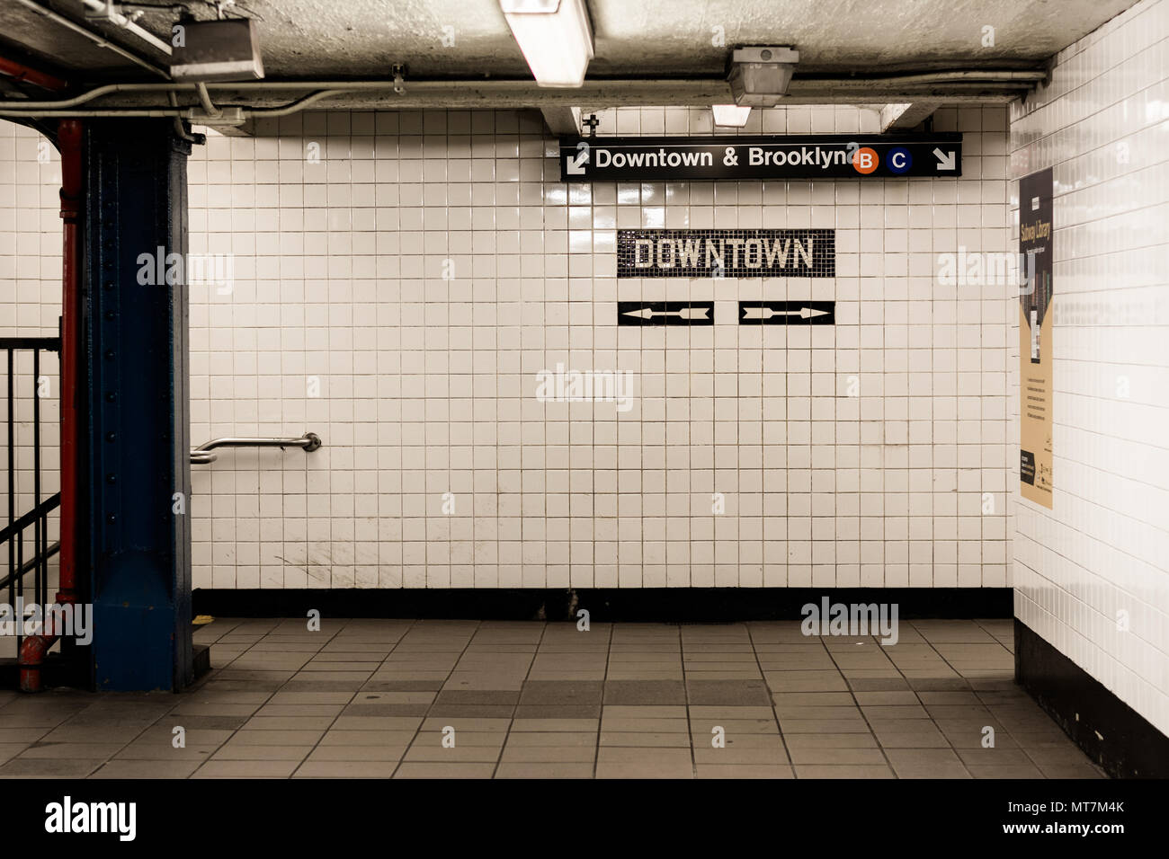 Downtown & Brooklyn sign in a subway station in Manhattan, New York ...
