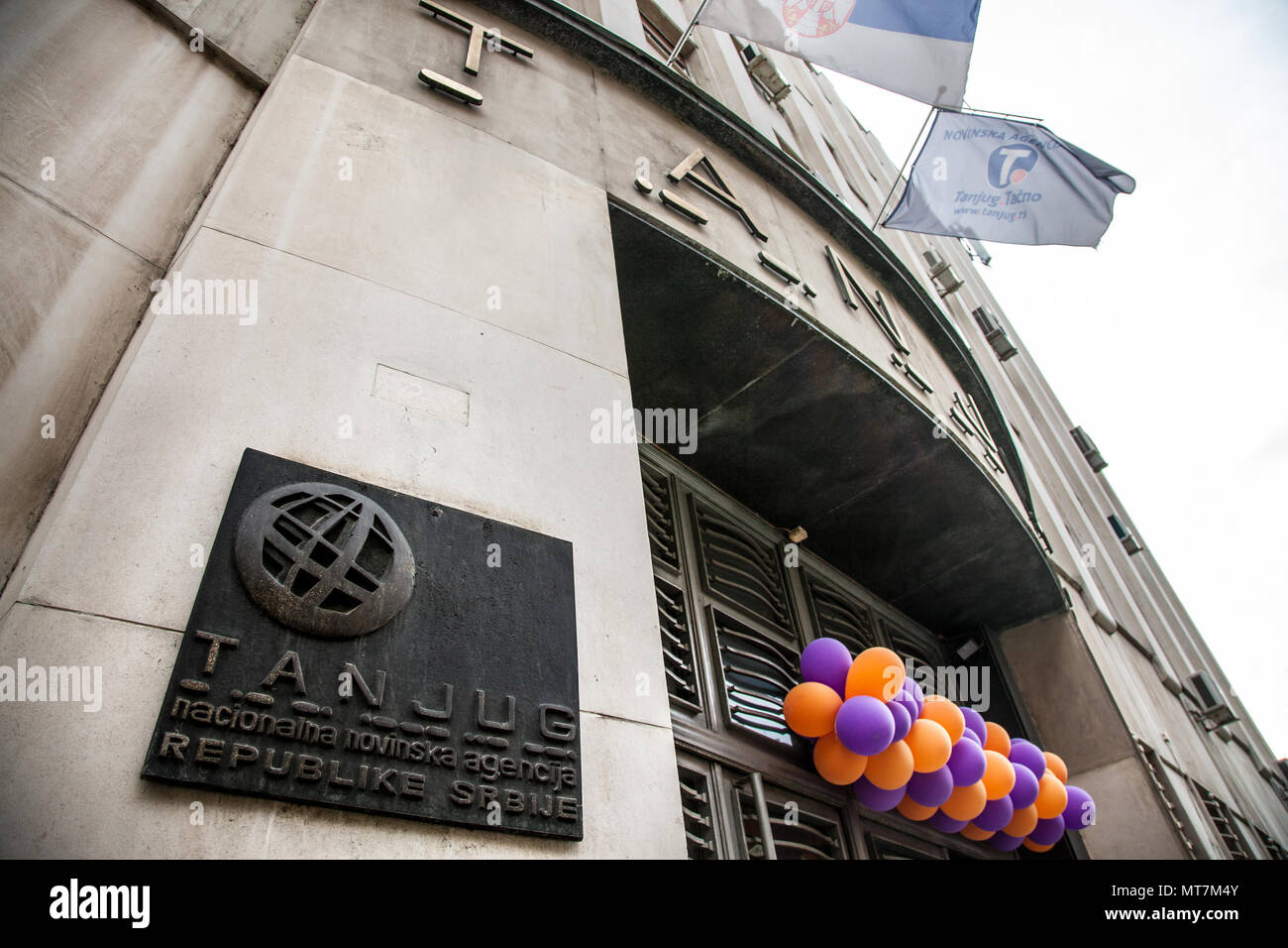 BELGRADE, SERBIA - MAY 21, 2018: Tanjug logo on headquarters in the ...