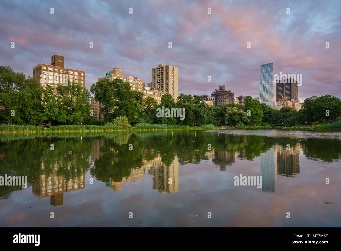 Harlem Meer at sunset, in Central Park, Manhattan, New York City Stock ...