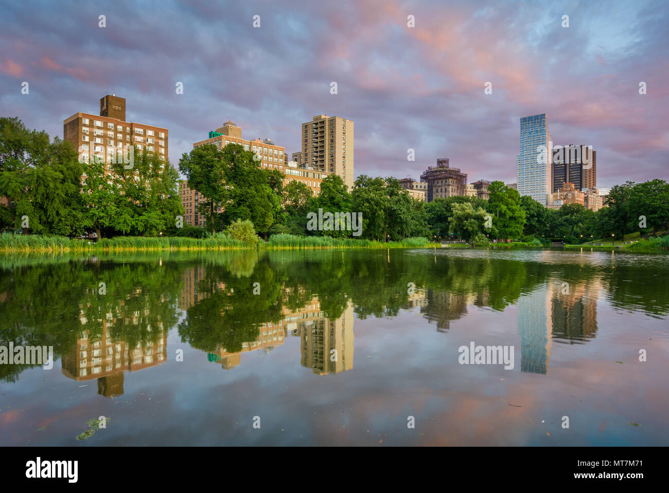Harlem Meer at sunset, in Central Park, Manhattan, New York City Stock ...