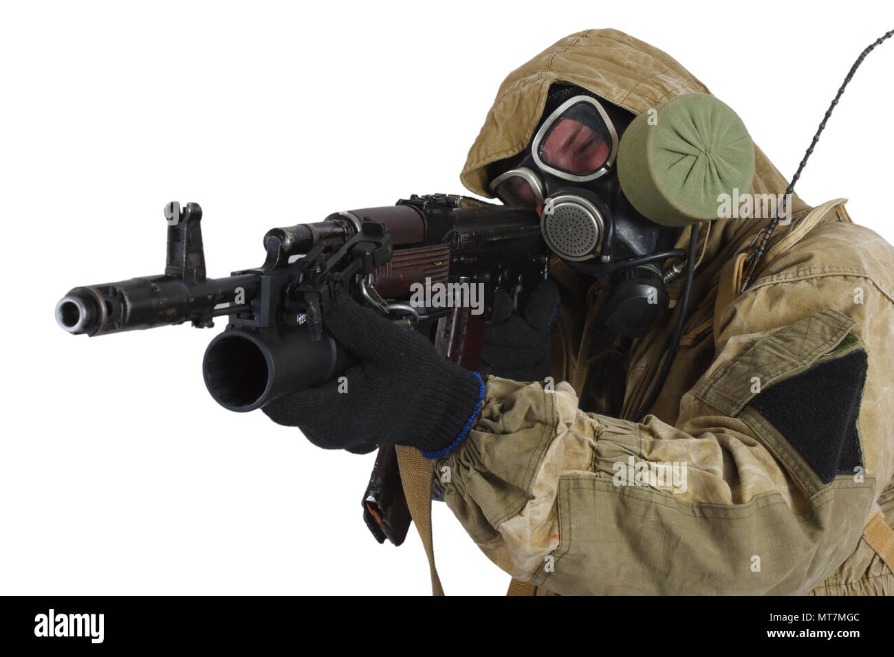 Stalker in gas mask with ak-47 gun isolated on white Stock Photo - Alamy