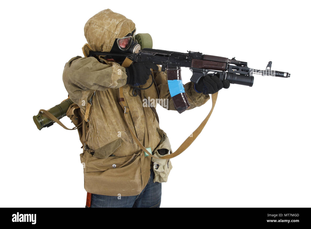 Stalker in gas mask with ak-47 gun isolated on white Stock Photo - Alamy