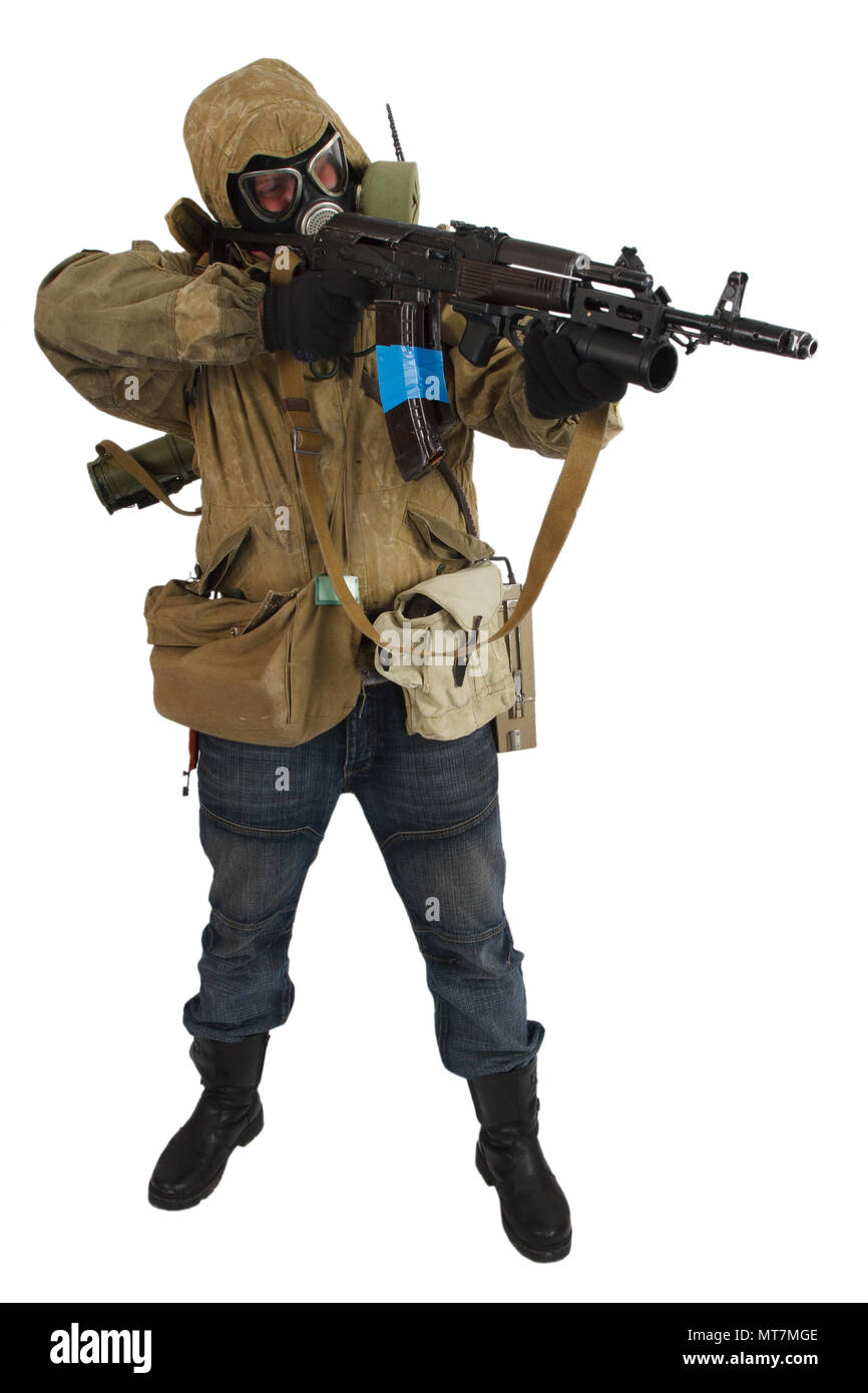 Stalker in gas mask with ak-47 gun isolated on white Stock Photo - Alamy