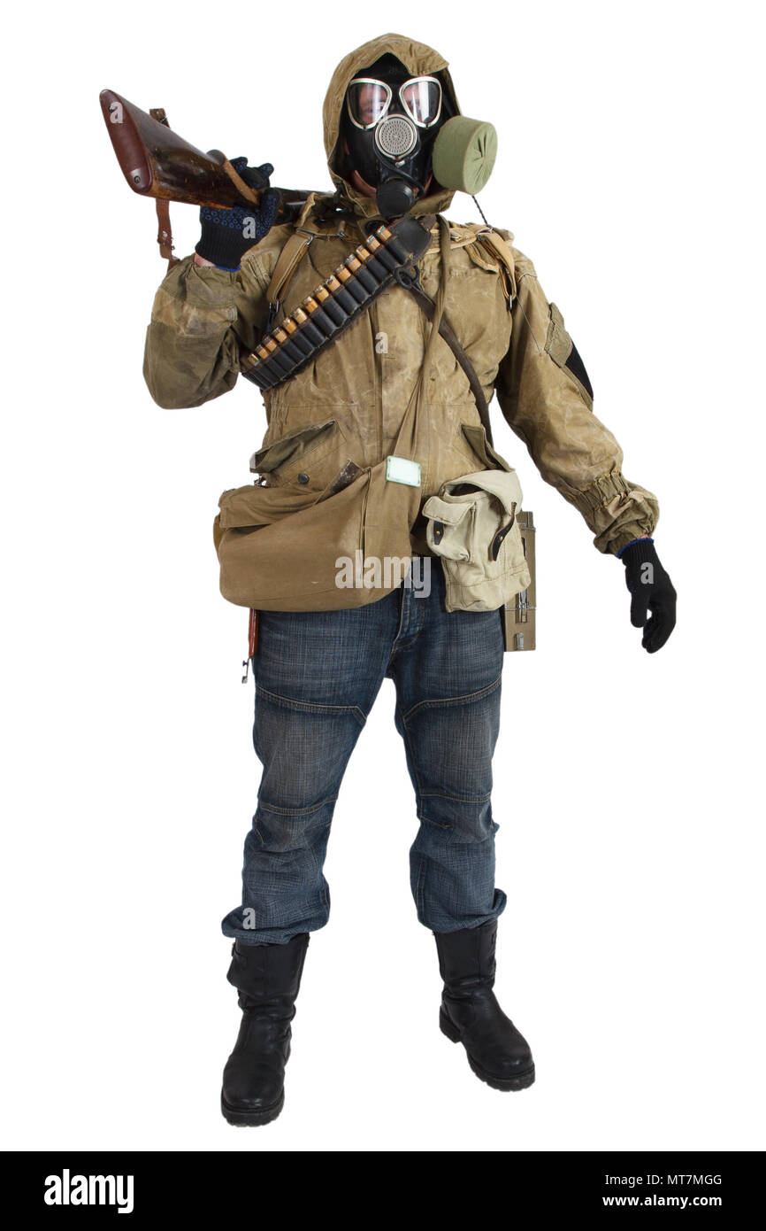 Stalker in gas mask with gun isolated on white Stock Photo - Alamy
