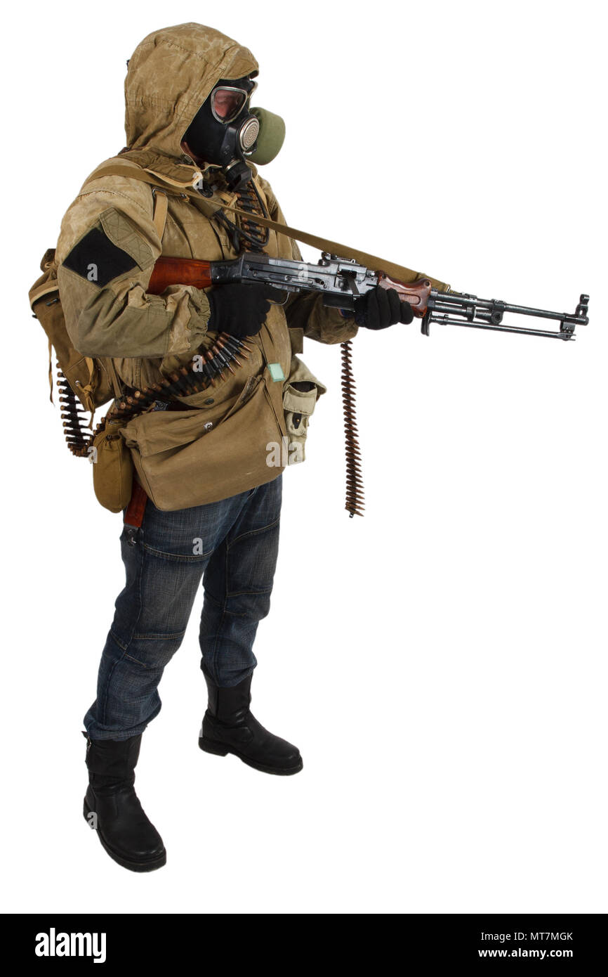 Stalker in gas mask with machine gun isolated on white Stock Photo - Alamy