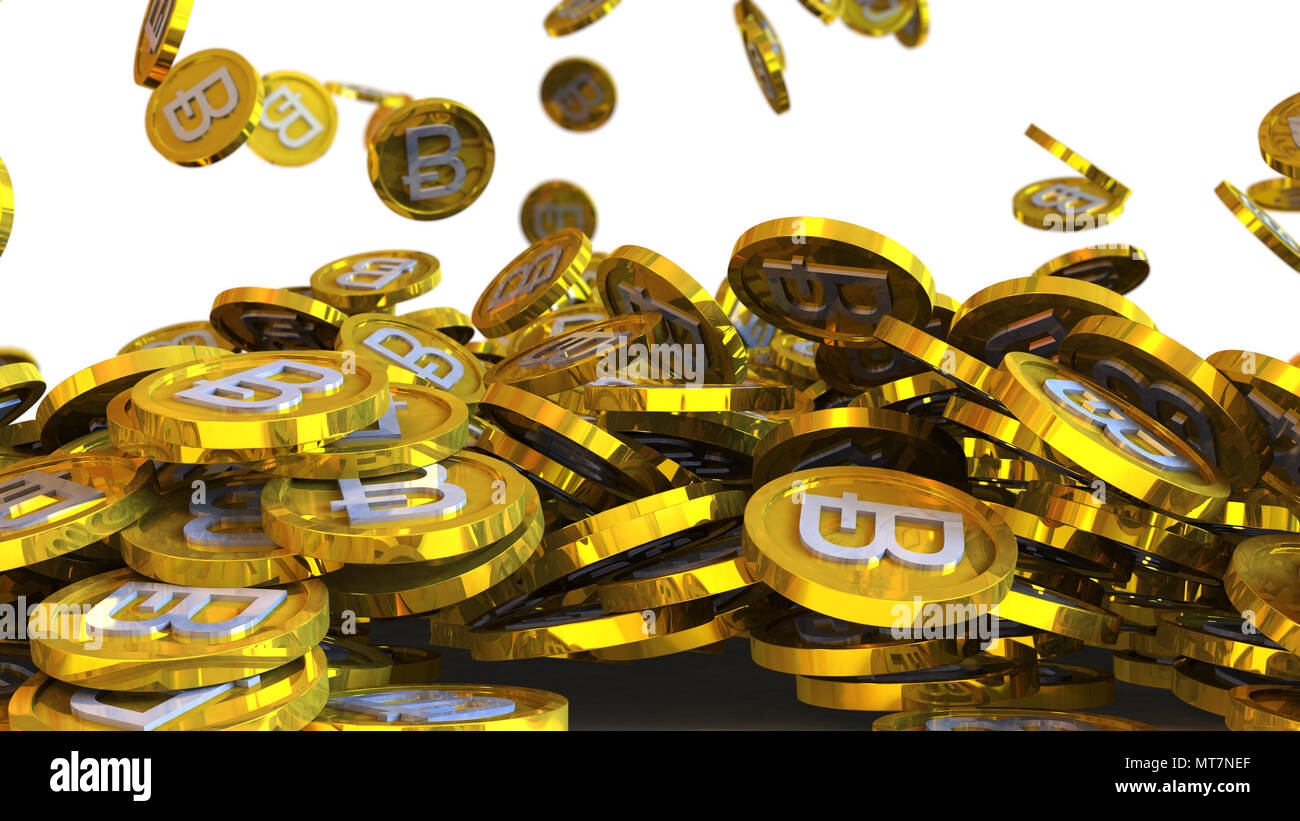 3D illustration of bitcoin coins falling on a white background Stock ...