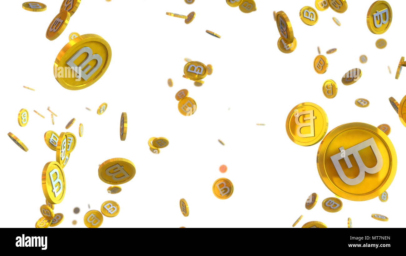3D illustration of bitcoin coins falling on a white background Stock ...