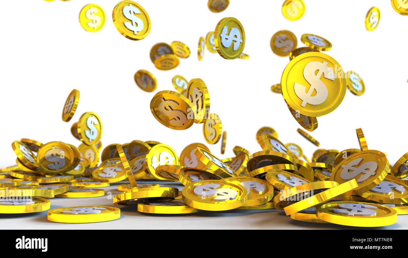 3D illustration of dollar coins falling on a white background Stock ...