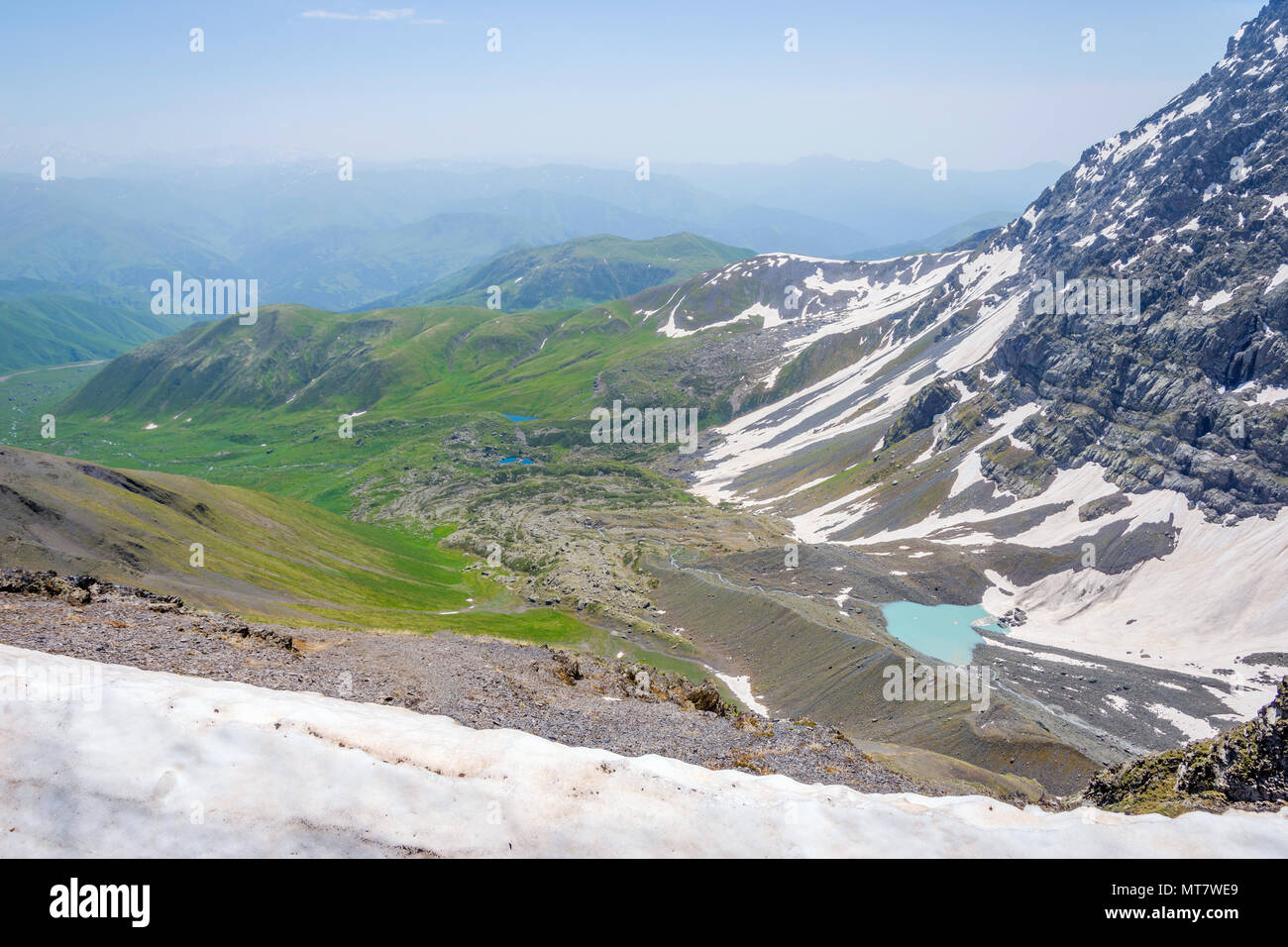 View to White, Blue and Green lake from Chauki pass, Georgia Stock ...