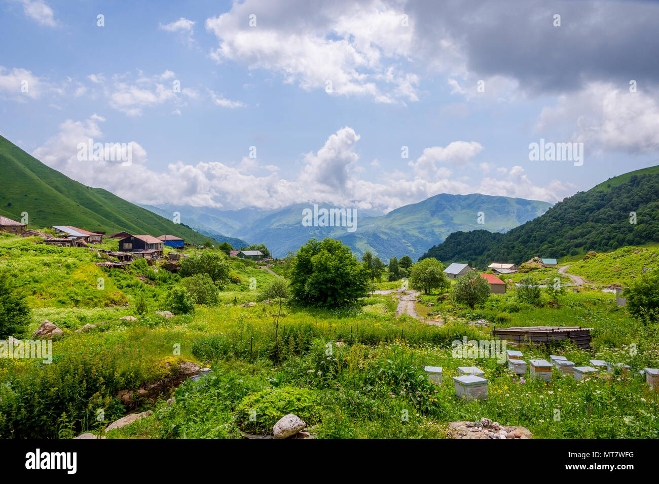 Houses in Roshka village and green mountains around, Georgia Stock ...