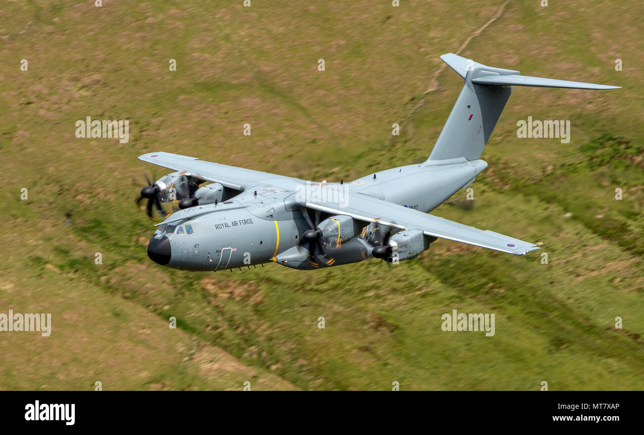 RAF Atlas A400M aircraft low level in the Mach Loop (LFA7 Stock Photo ...