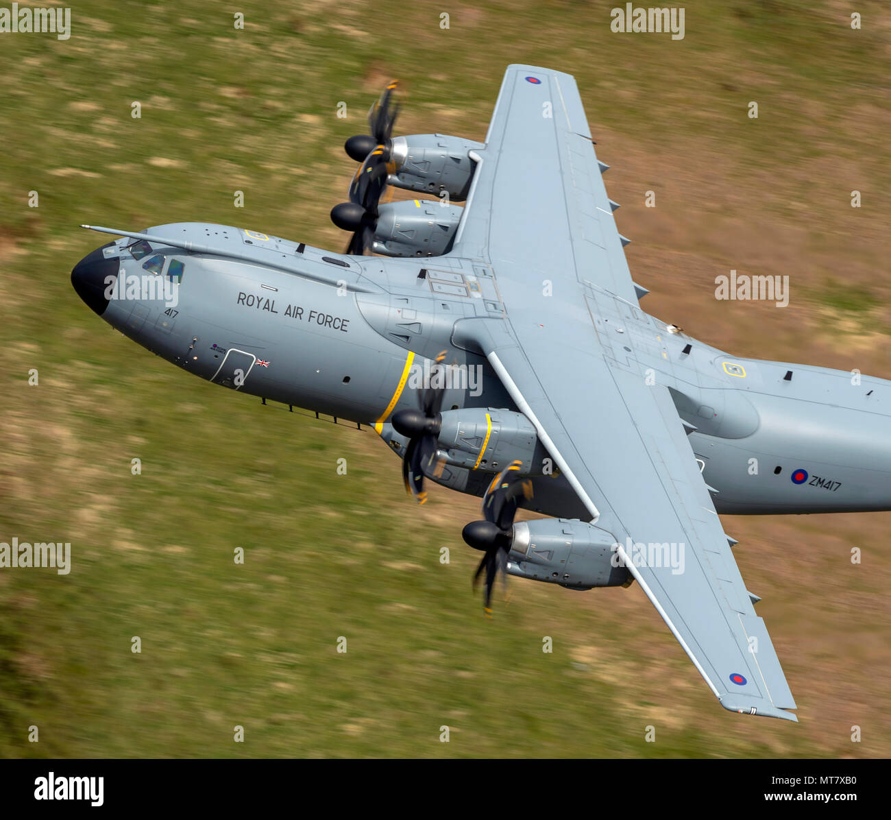 RAF Atlas A400M aircraft low level in the Mach Loop (LFA7 Stock Photo ...