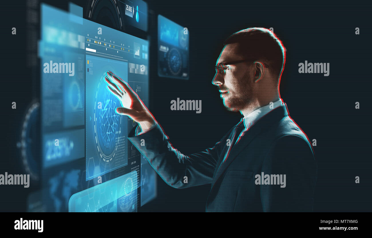 businessman torching virtual screen projection Stock Photo - Alamy