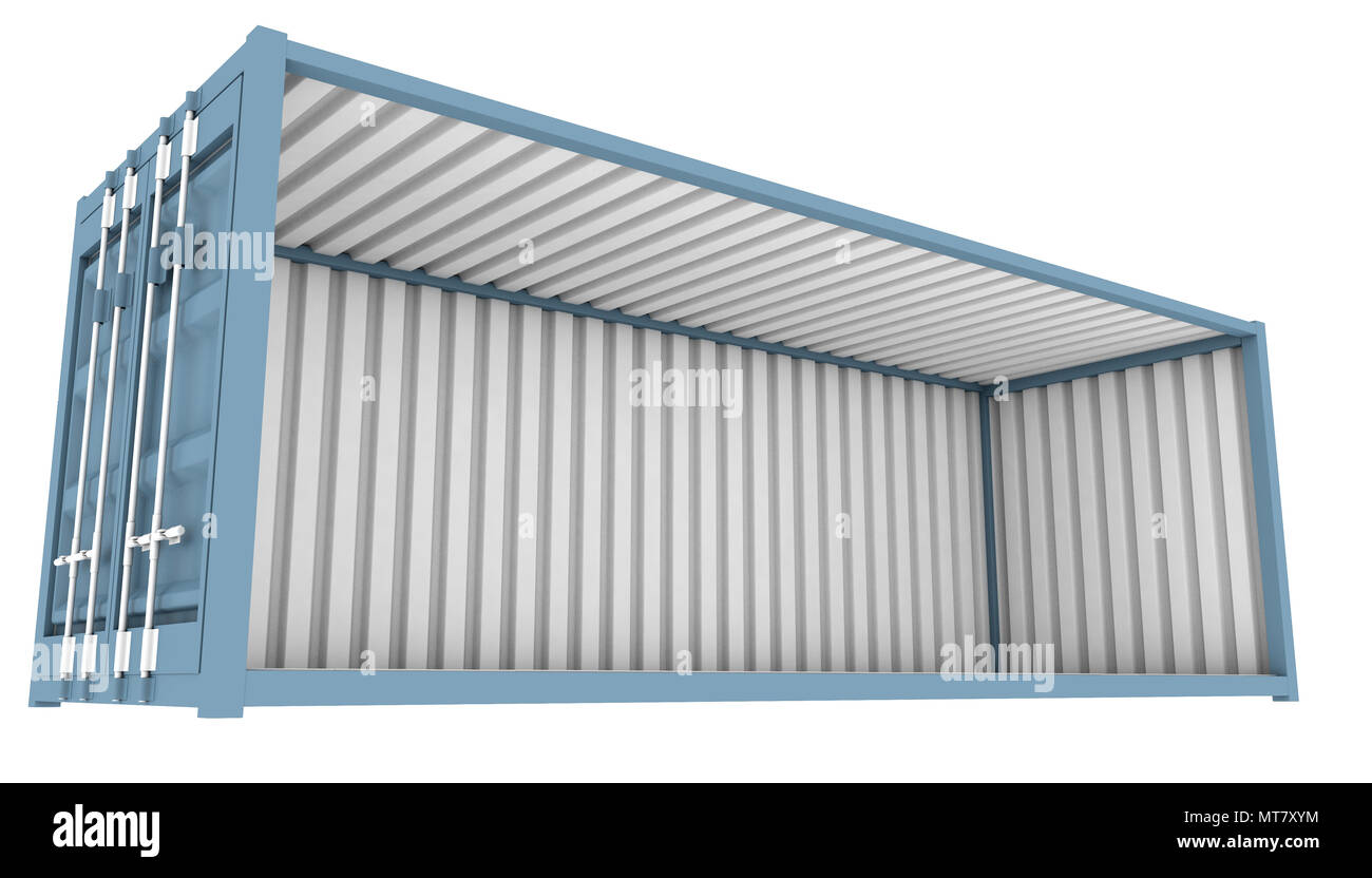 A blue shipping container with the whole side panel removed revealing ...