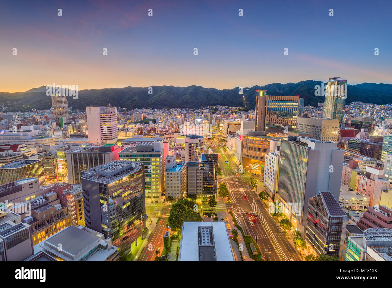 Kobe, Japan skyline over Flower Road and the Sannomiya District towards ...